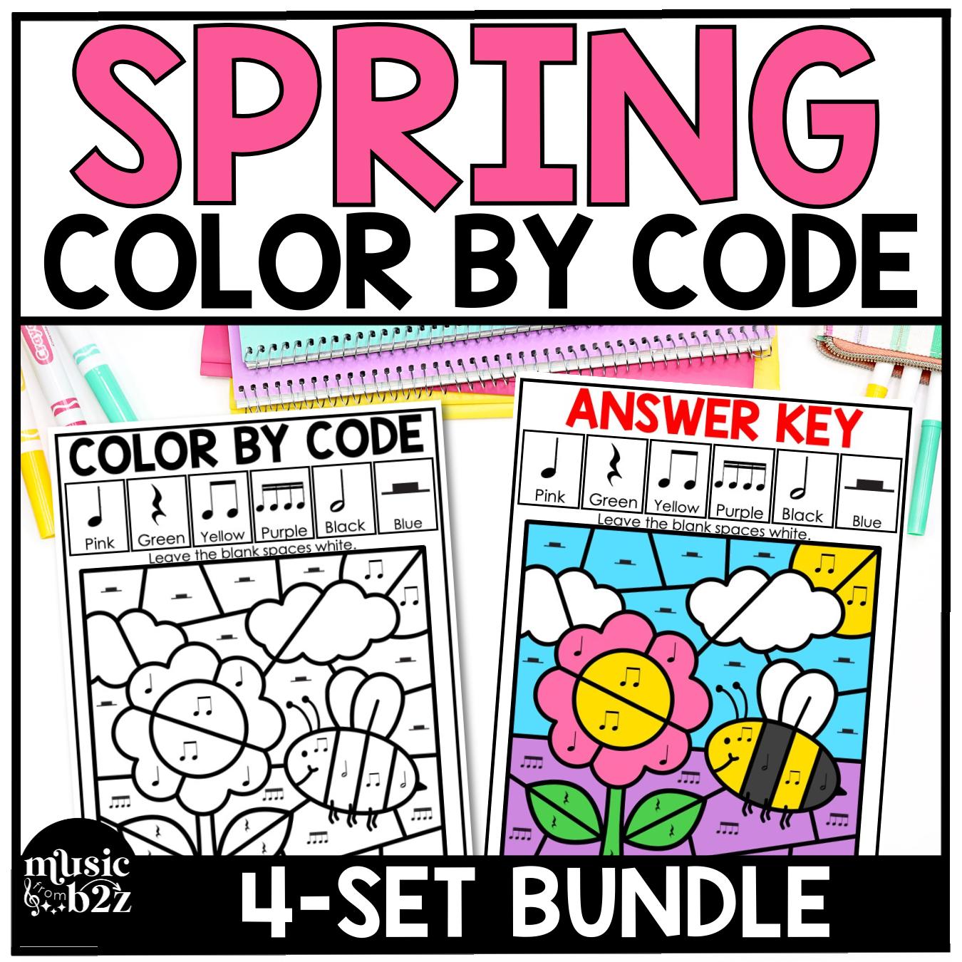 Spring Music Coloring Page BUNDLE Color by Note Spring Music Worksheet ...