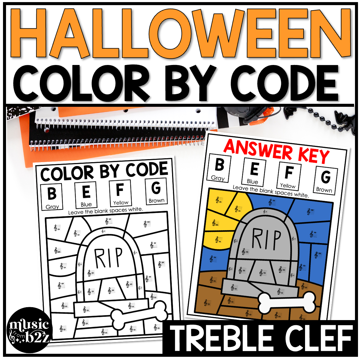 Halloween Music Coloring Color by Note Halloween Music Worksheets Treb ...